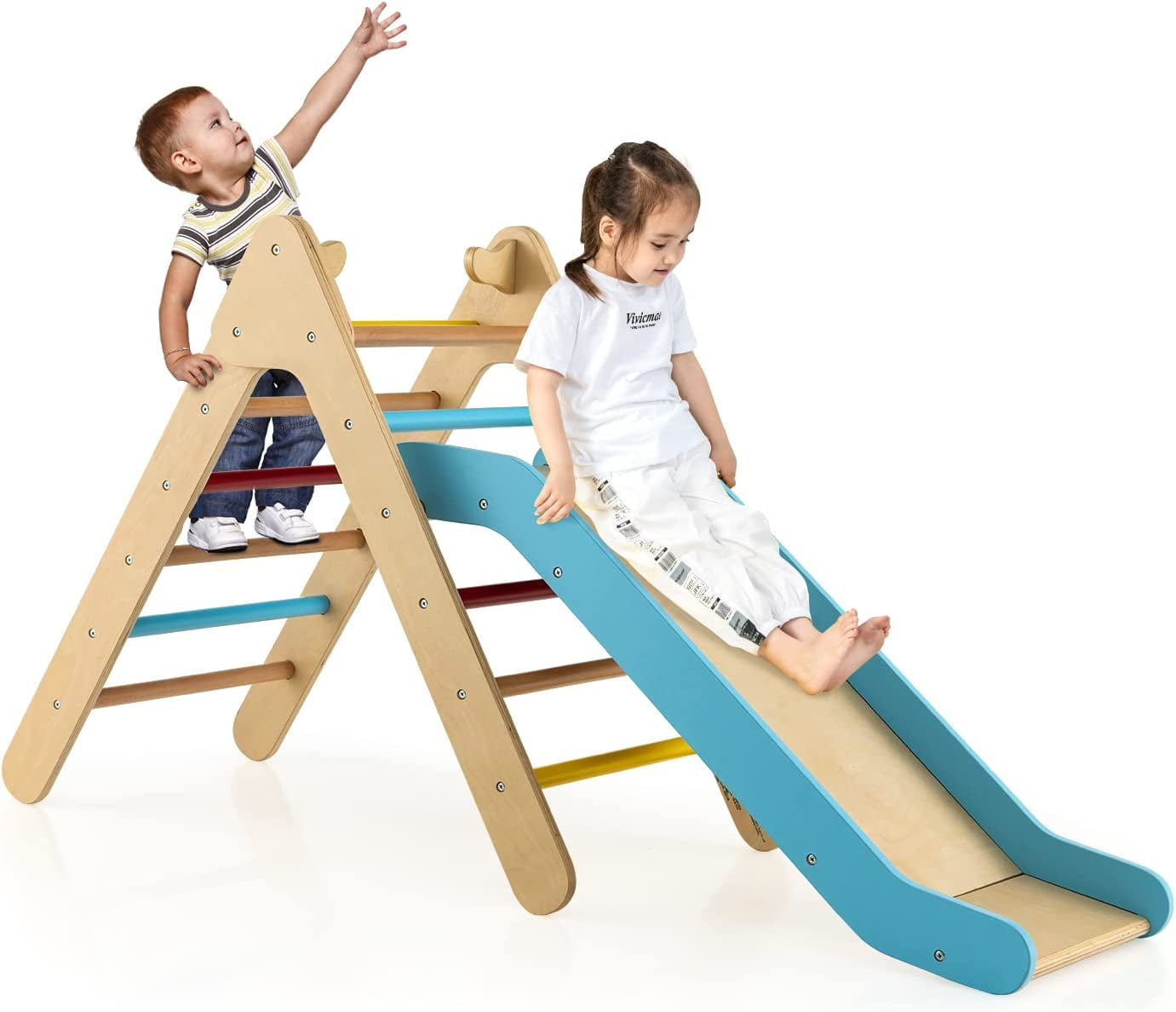 OLAKIDS 2-in-1 Montessori Wooden Triangle Climber & Ramp Slide, Indoor ...