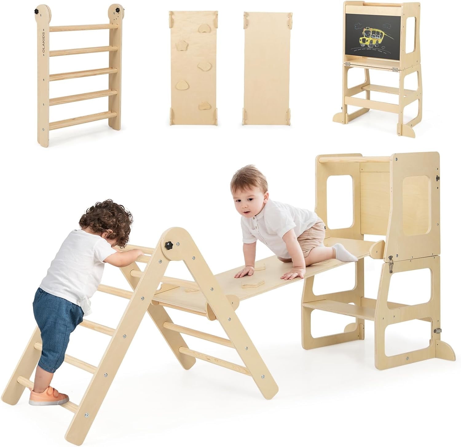 OLAKIDS Climbing Toys for Toddlers, 8 in 1 Foldable Wood Pikler ...