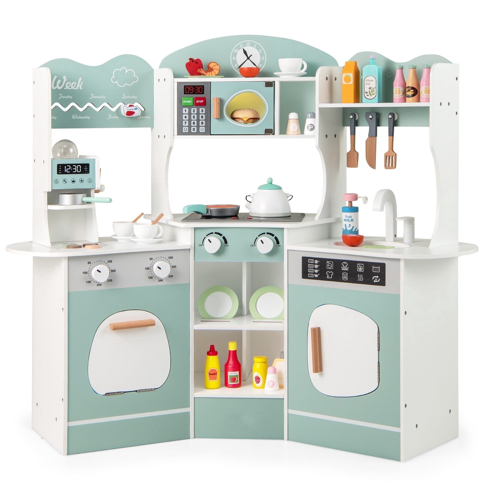 OLAKIDS Corner Kids Kitchen Playset, Toddler Wooden Pretend Cooking Set ...