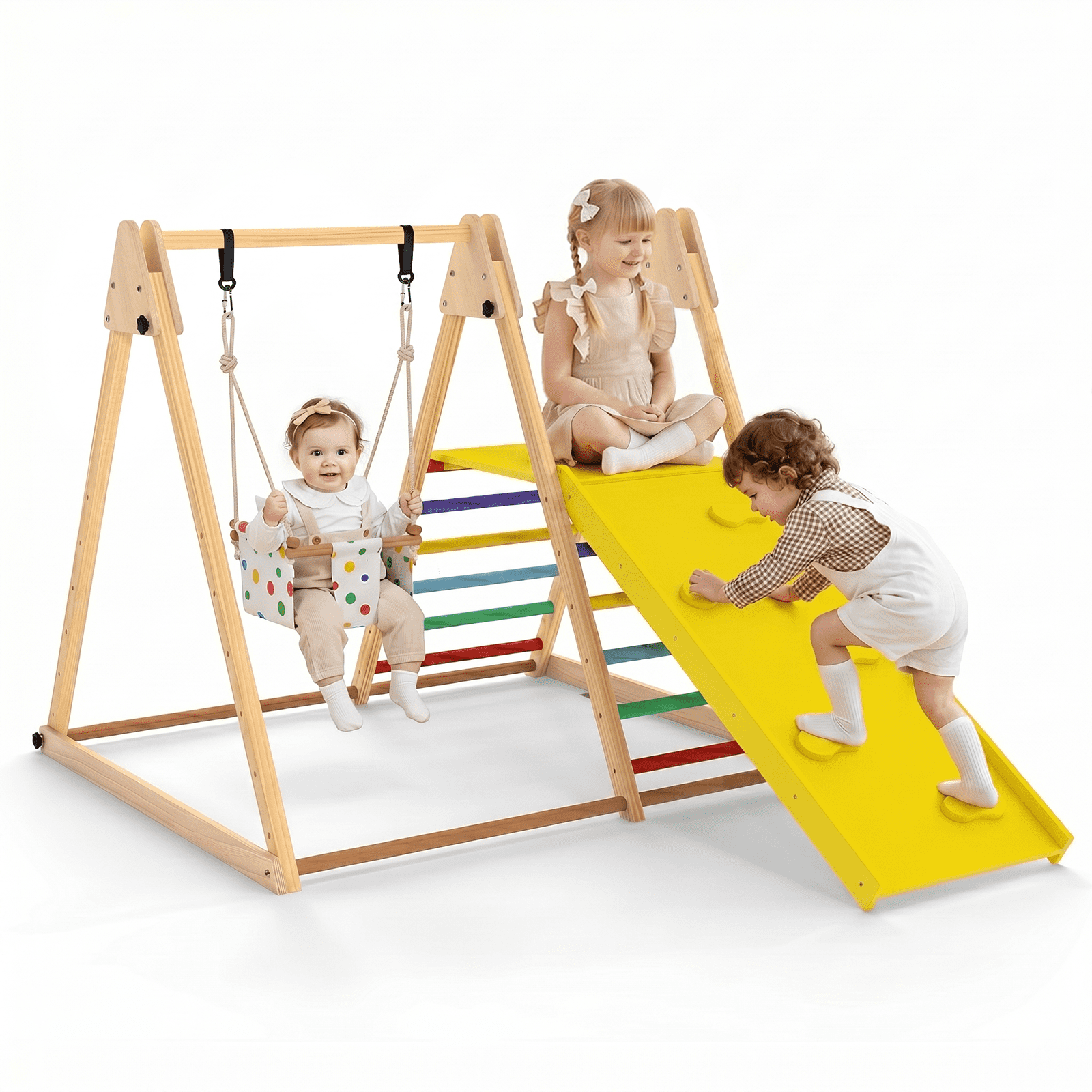OLAKIDS Indoor Jungle Gym, 3 in 1 Wooden Foldable Montessori Toddler ...