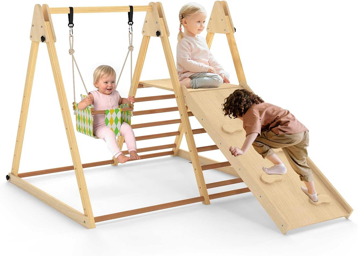 OLAKIDS Indoor Jungle Gym, 3 in 1 Wooden Foldable Montessori Toddler ...