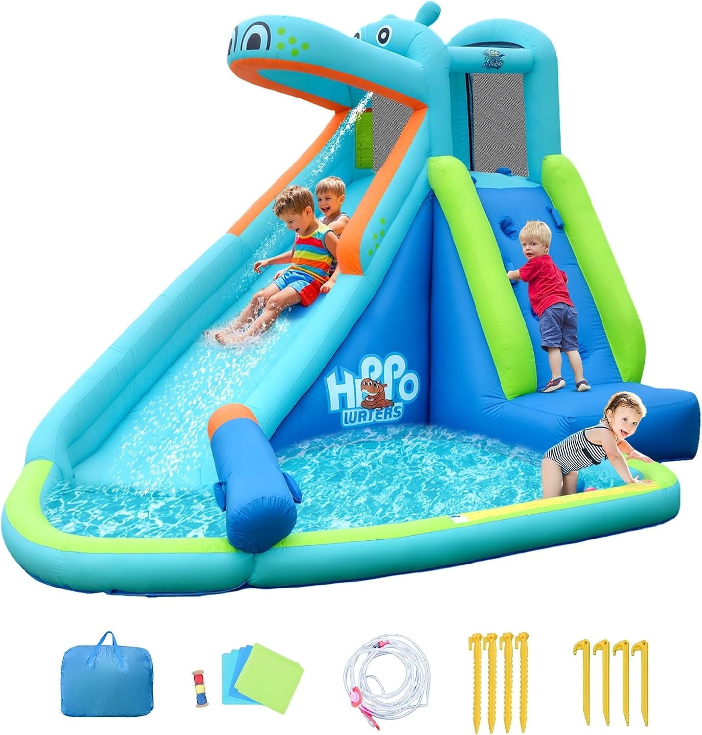 OLAKIDS Inflatable Water Slide, Hippo Theme Bounce House with Slide ...