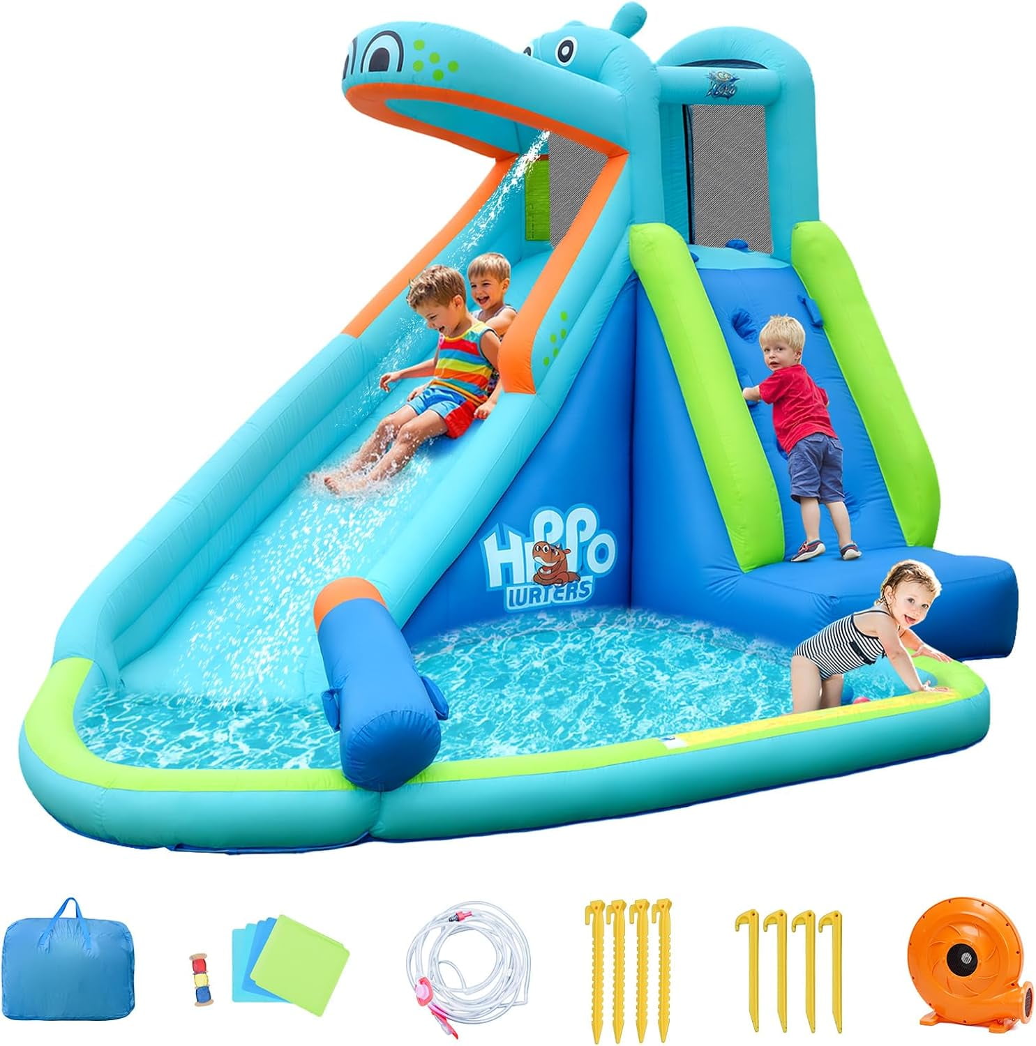 OLAKIDS Inflatable Water Slide, Hippo Themed Bouncer Castle with Slide ...