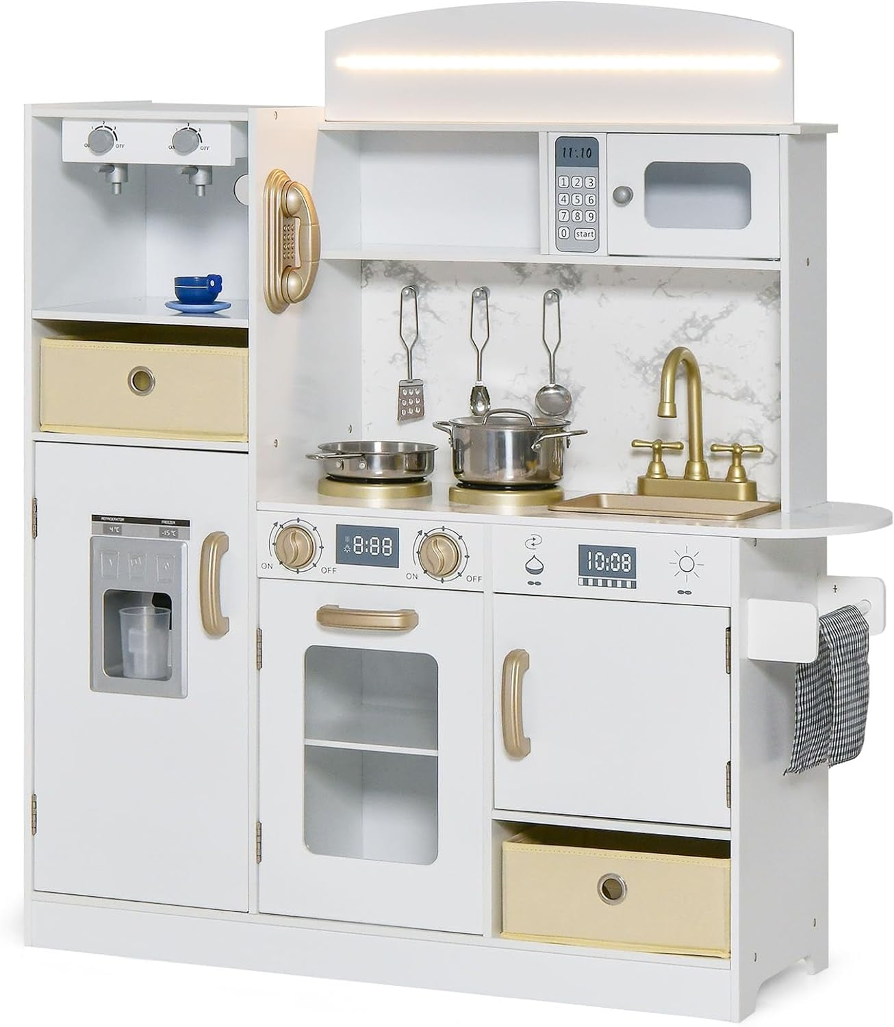 OLAKIDS Kids Kitchen Playset with Lights, Toddler Wooden Pretend ...