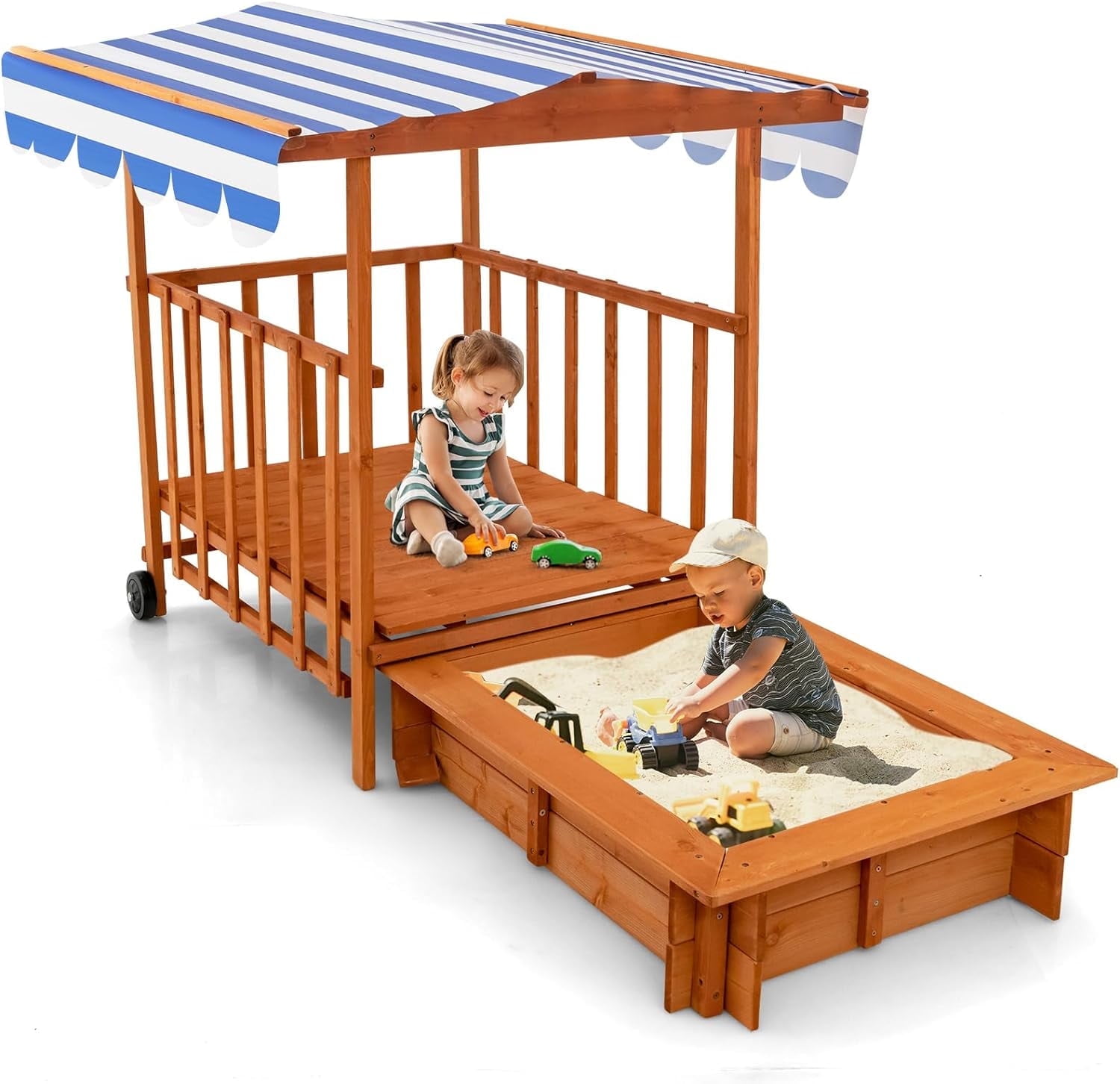 INFANS Large Sandbox with Canopy, Bench Playground, Shade, Rear Wheels ...