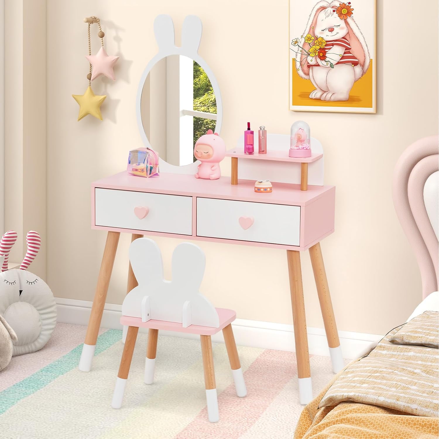 OLAKIDS Kids Vanity Set, 2 in 1 Wooden Princess Makeup Table and Chair ...