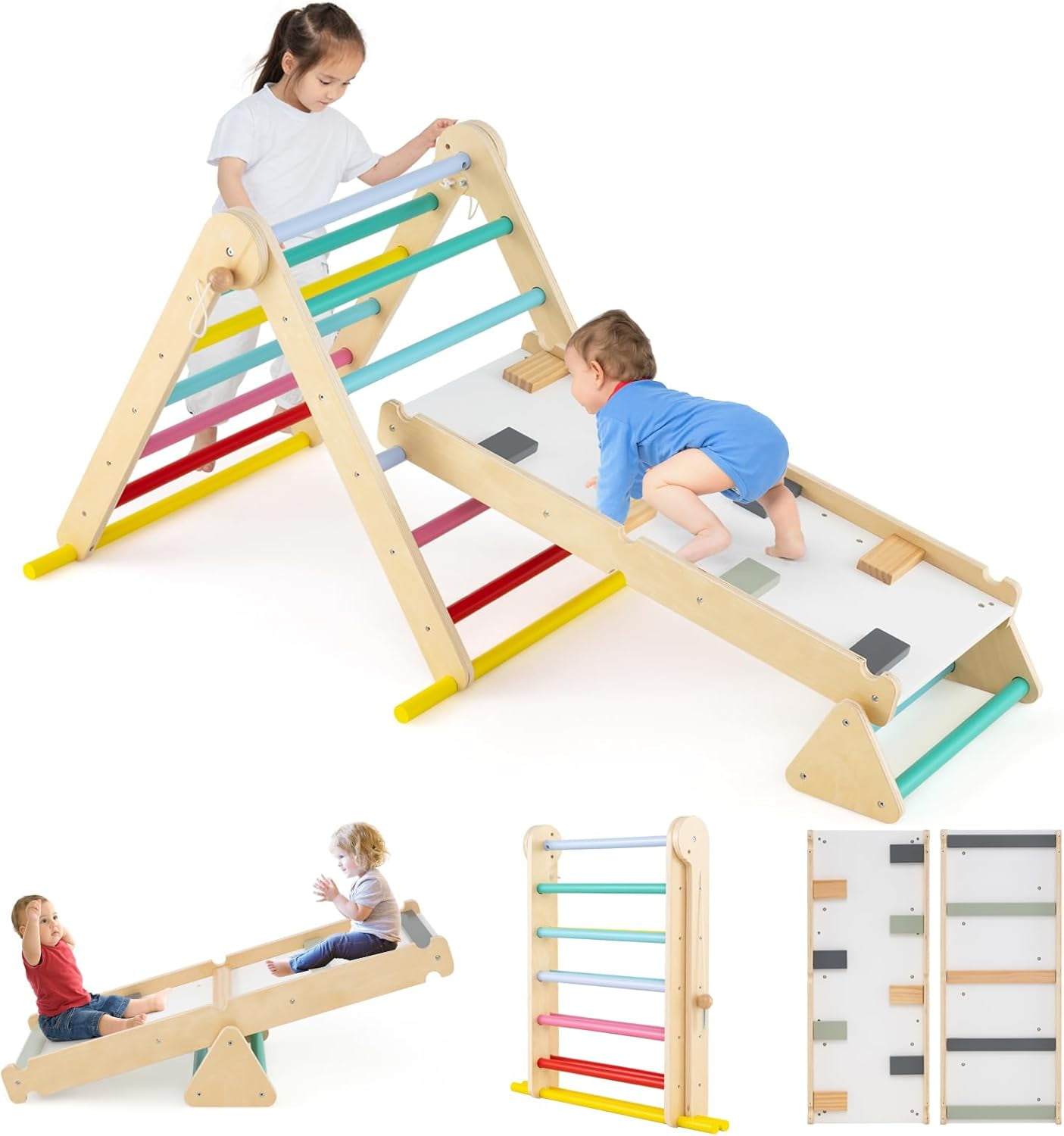 OLAKIDS Pikler Triangle Set 7 in 1 Climbing Toys for Toddlers Foldable ...