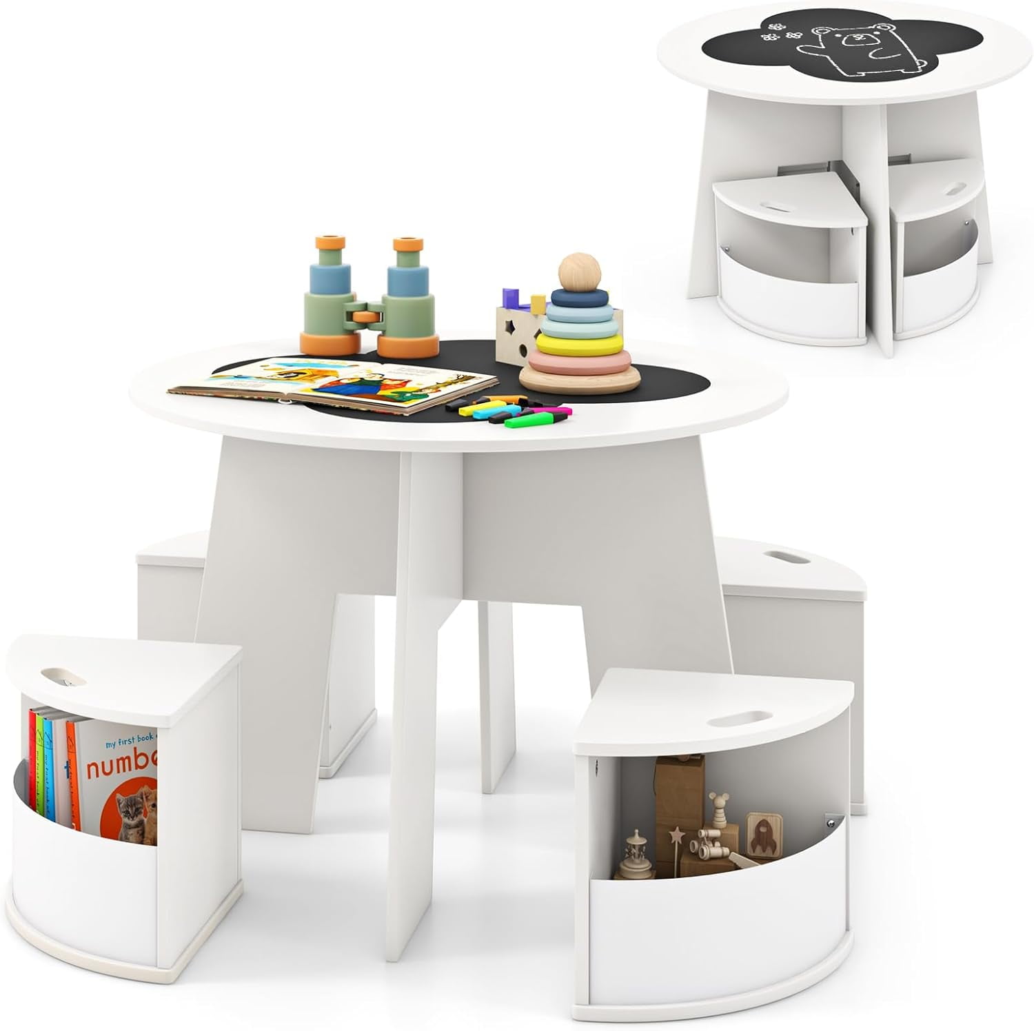 OLAKIDS Toddler Table and Chair Set with 4 Storage Stools, Wooden ...