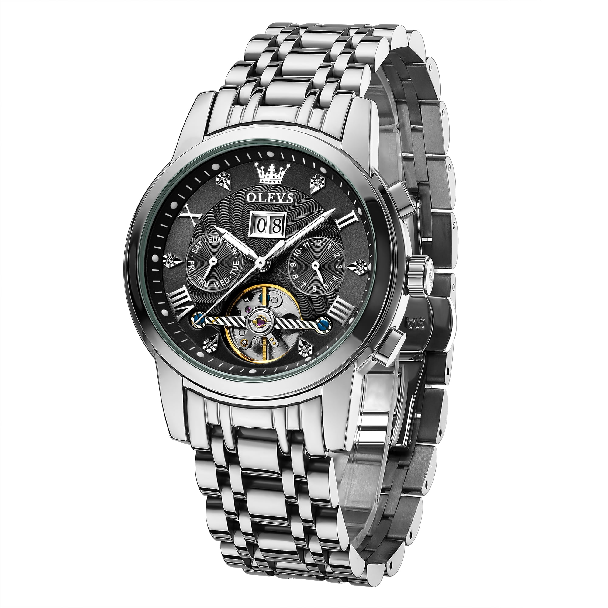 OLEVS Men's Diamond Skeleton Automatic Watch, Silver Stainless Steel ...