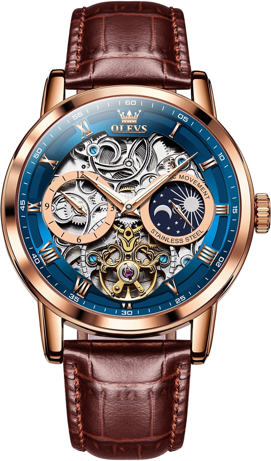 OLEVS Automatic Watches for Men Mechanical Self Winding Skeleton Moon ...
