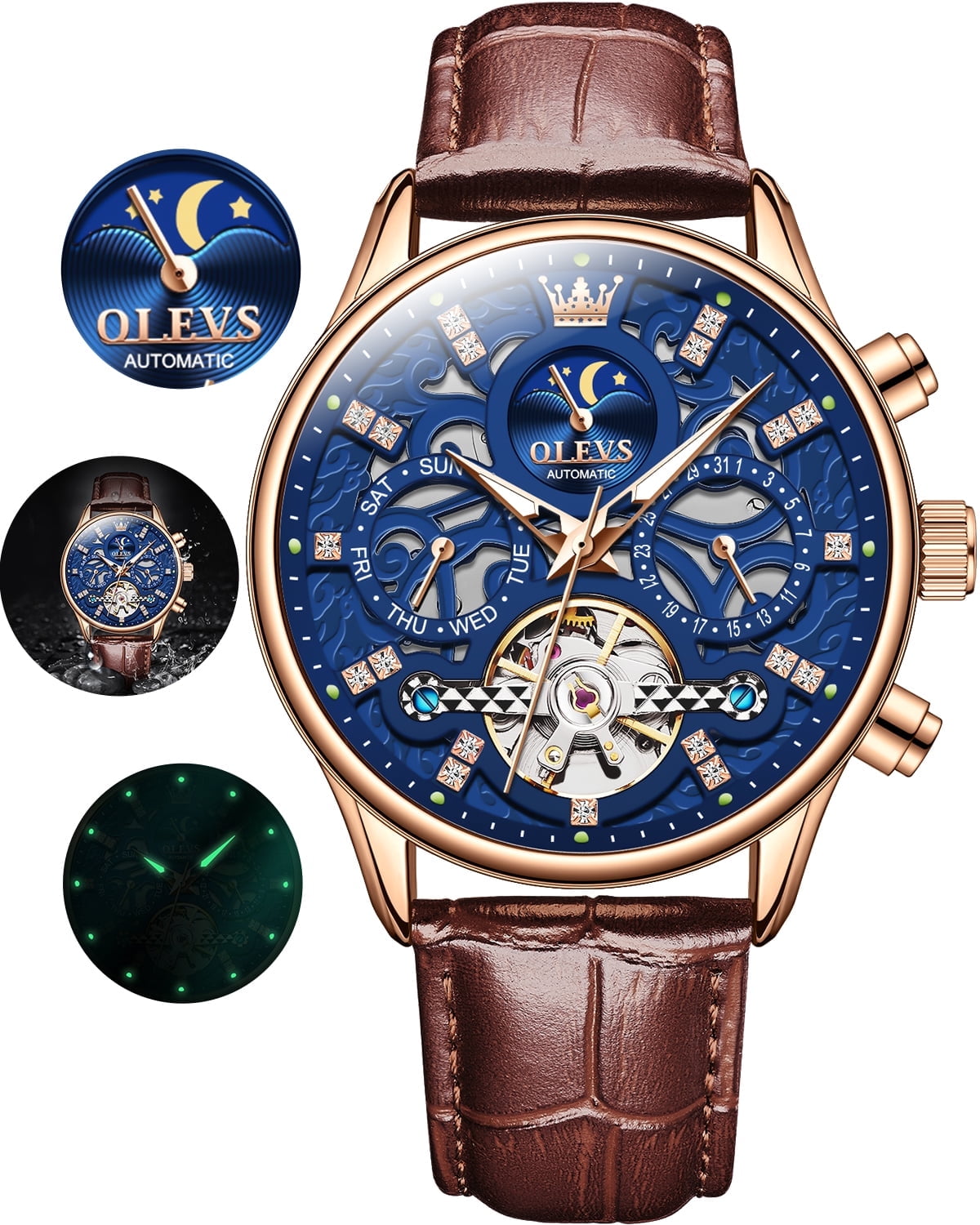OLEVS Automatic Watches for Men Self Winding Mechanical Chronograph Skeleton Flywheel Luxury ...