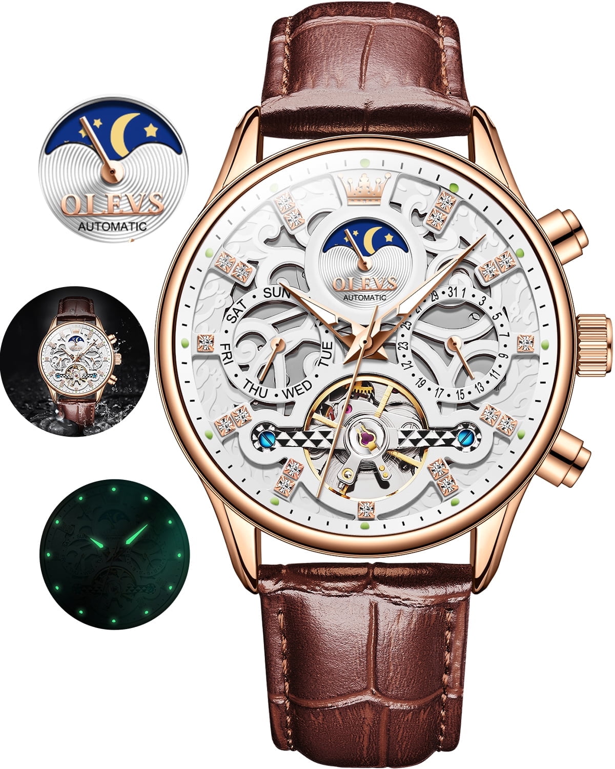 OLEVS Automatic Watches for Men Self Winding Mechanical Chronograph Skeleton Flywheel Luxury ...