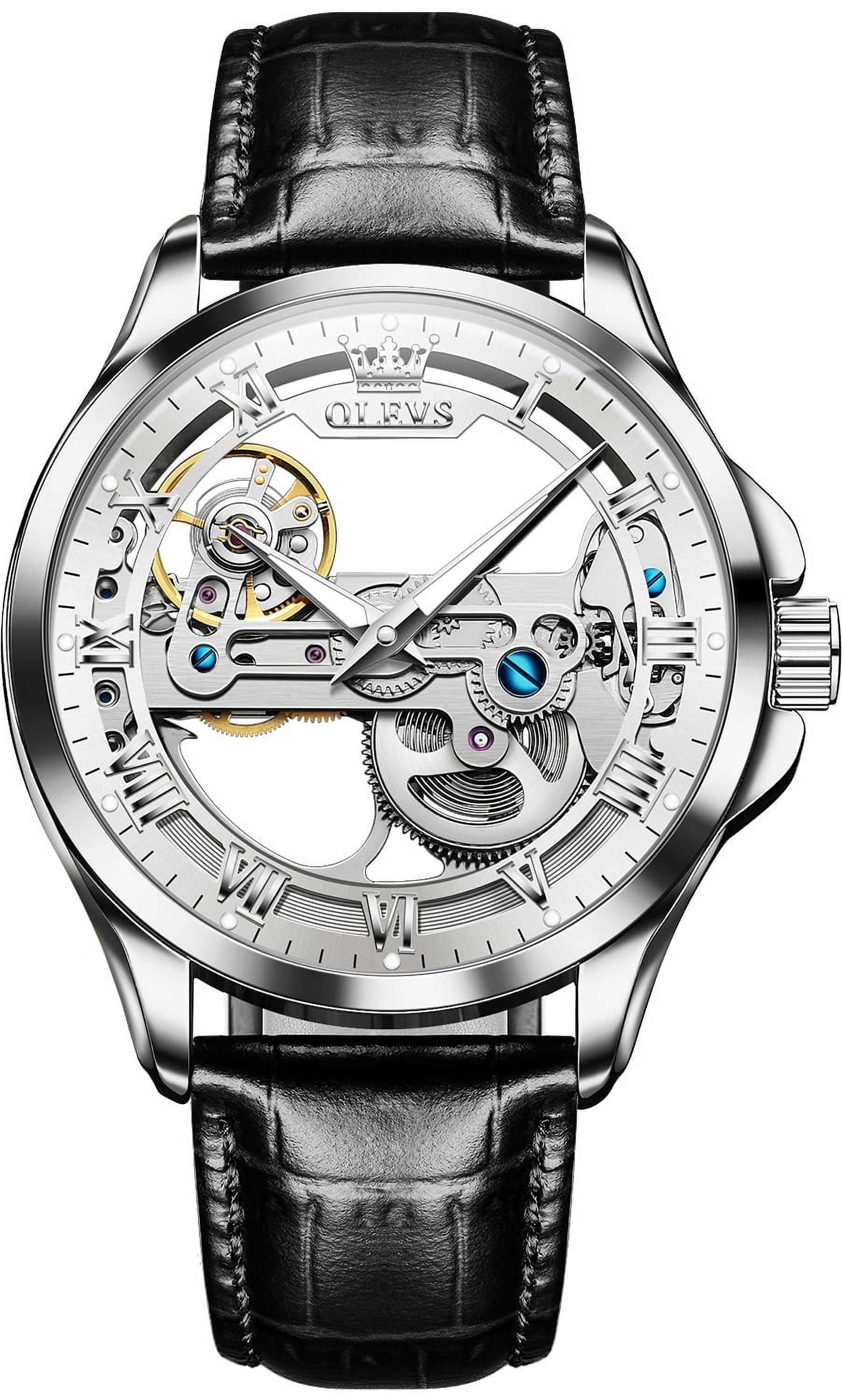 OLEVS Automatic Watches for Men Skeleton Black Leather Band Large Face ...