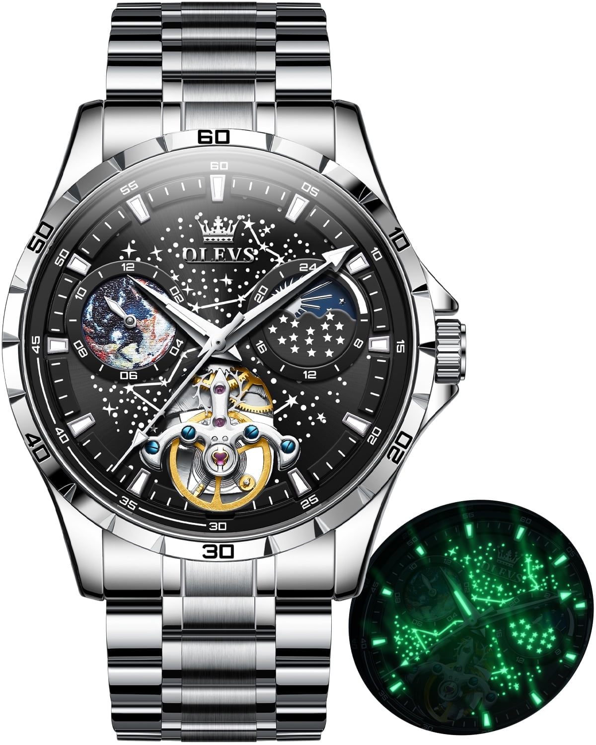 OLEVS Automatic Watches for Mens Starry Sky Skeleton Tourbillon Self ...