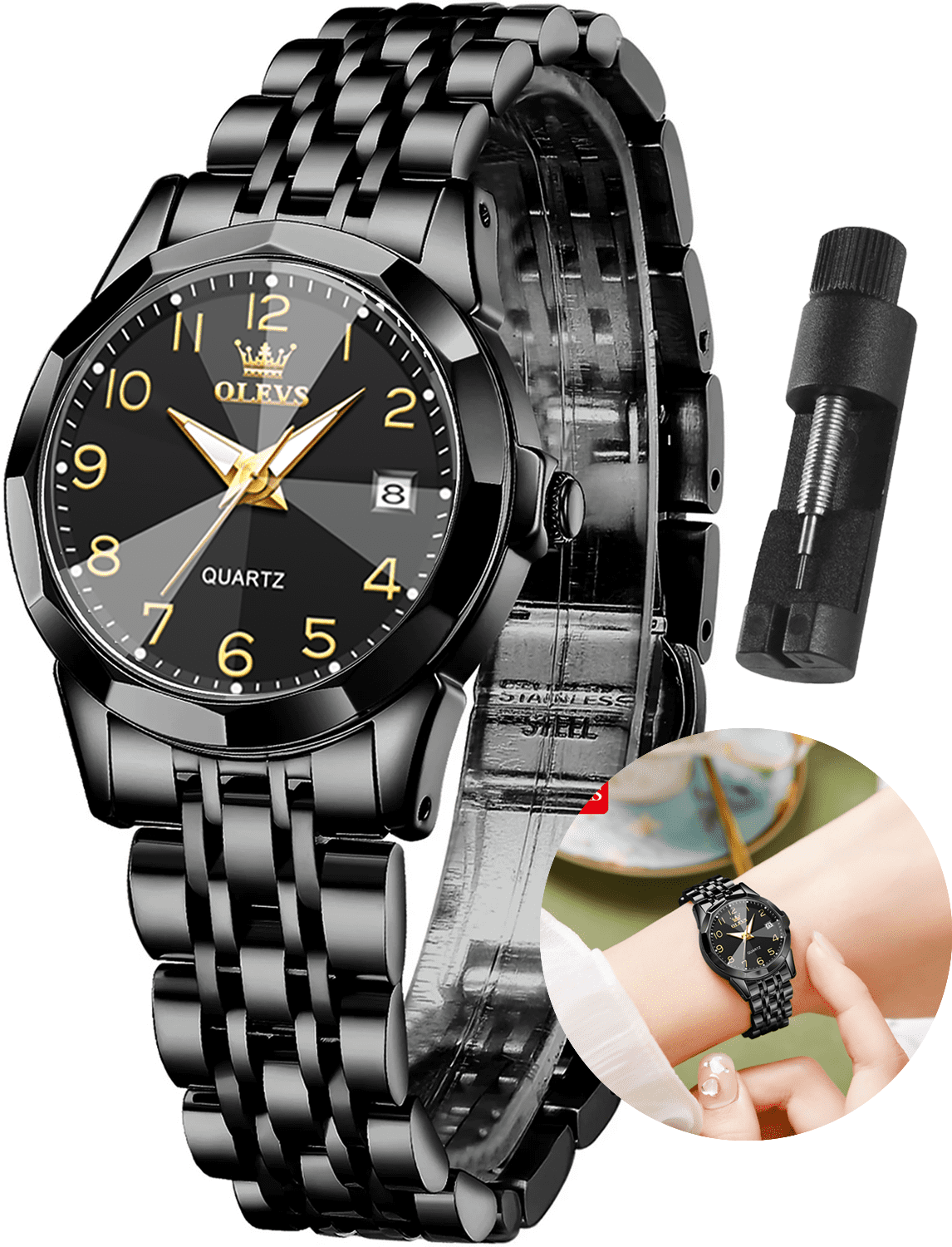 OLEVS Business Black Watches Black Stainless Steel Watches For Women ...