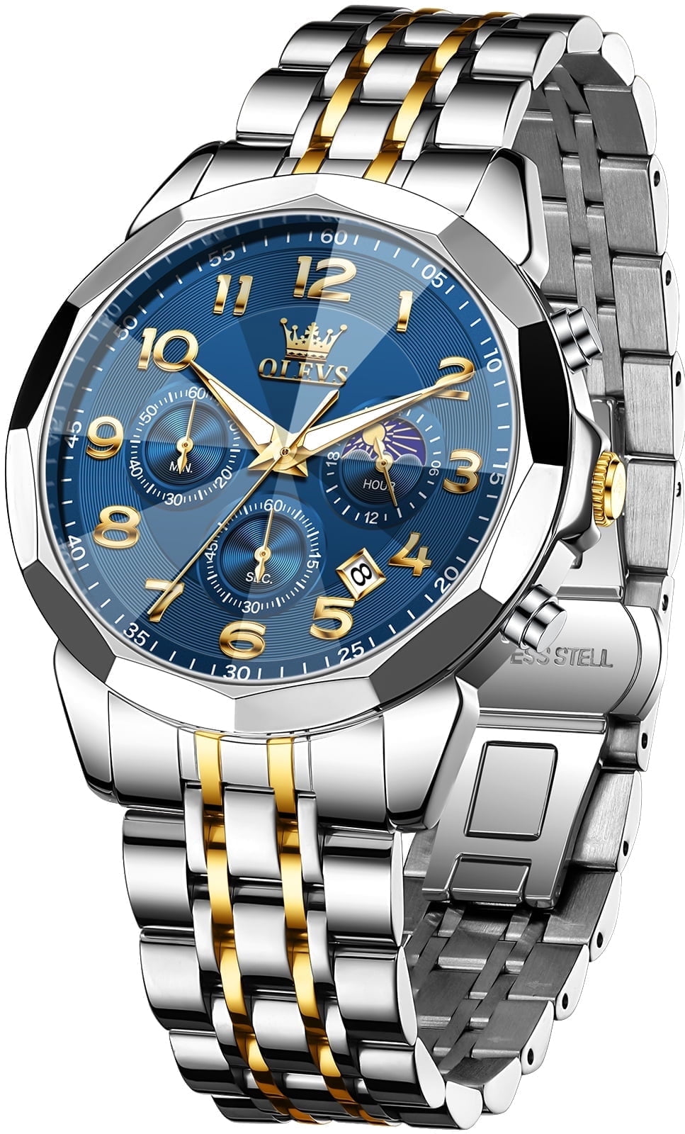 OLEVS Chronograph Watches for Men Business Dress Analog Quartz Gold ...