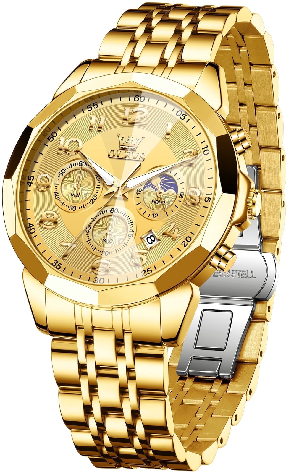 OLEVS Chronograph Watches for Men Business Dress Analog Quartz Gold ...