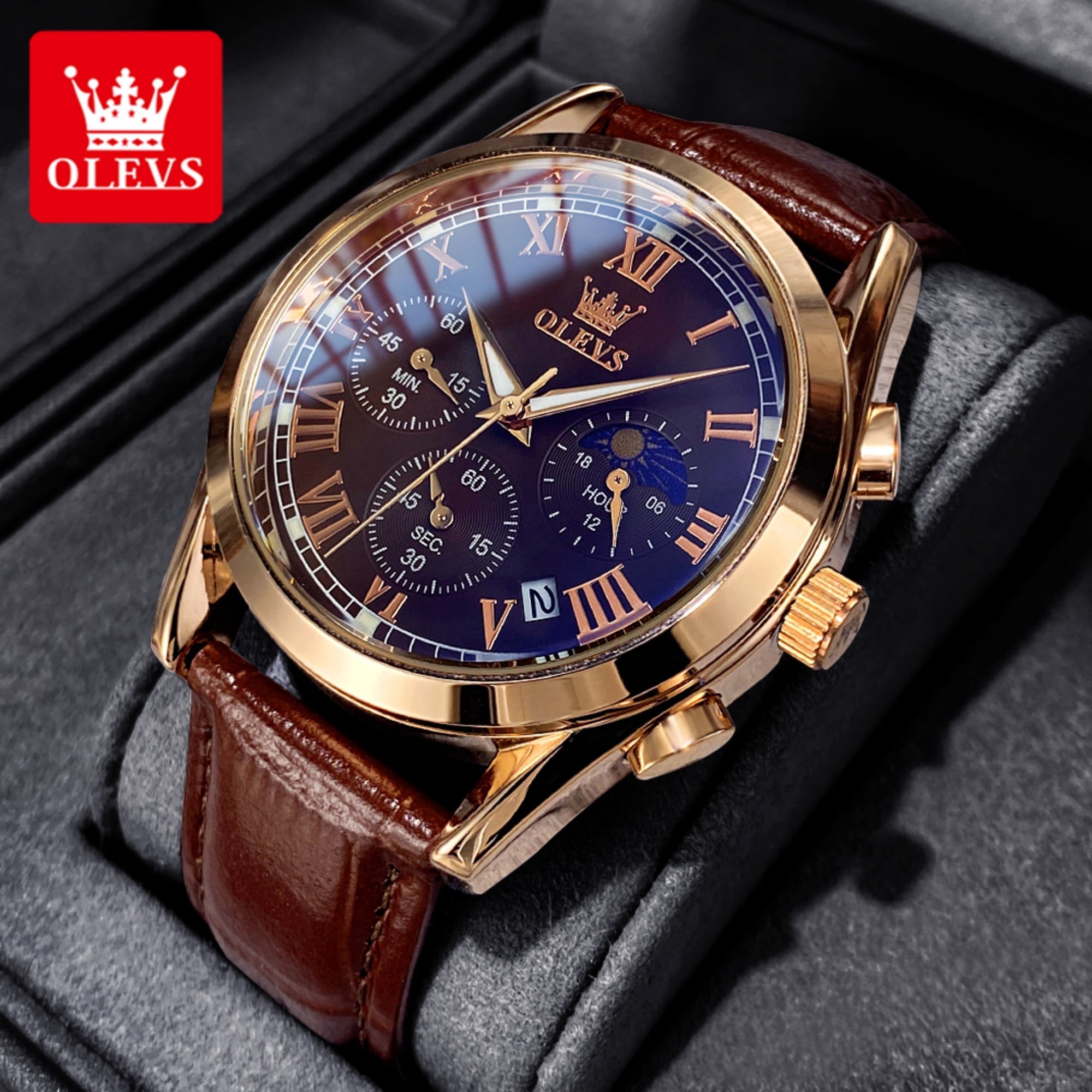 OLEVS Men's Chronograph Watches Waterproof Luminous Leather Strap ...