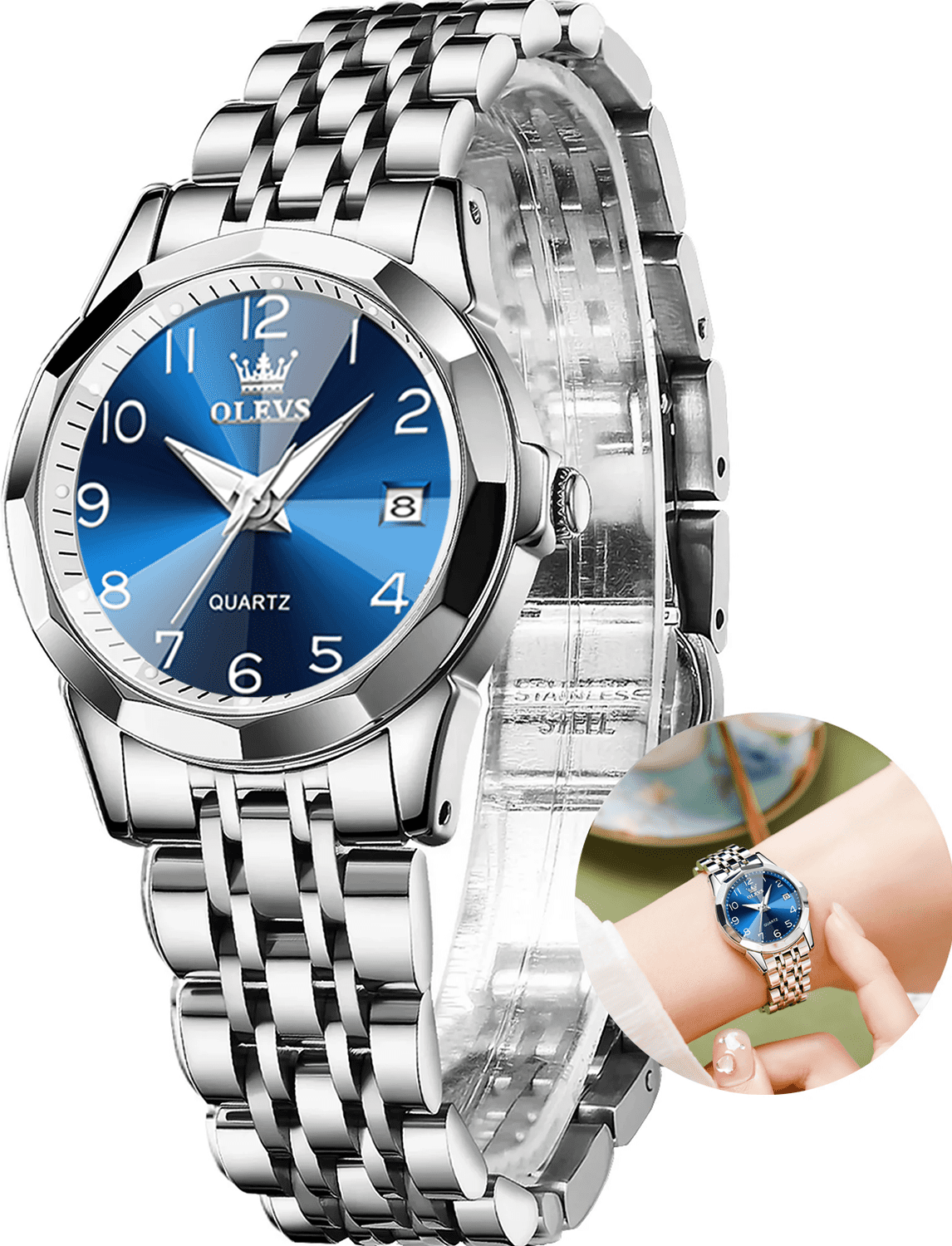 OLEVS Classic Blue Dial Watches For Women Elegant Sliver Stainless ...