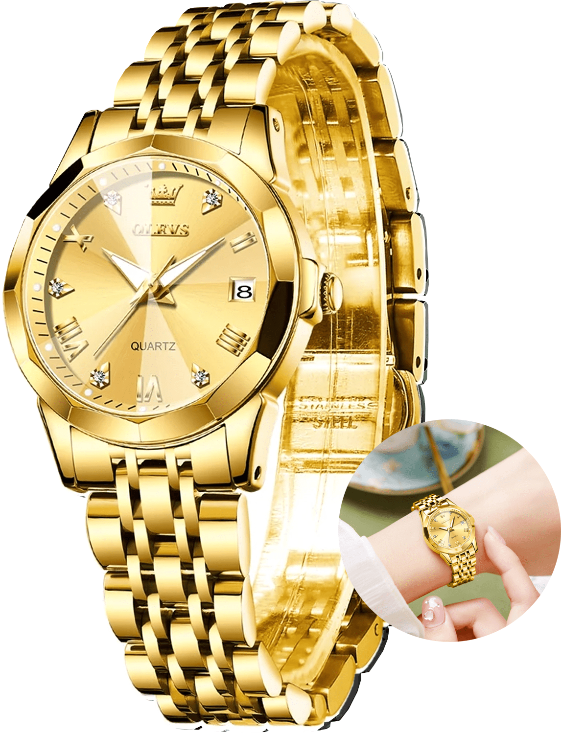 OLEVS Women's Gold Stainless Steel Quartz Watch, Day Date, Roman ...