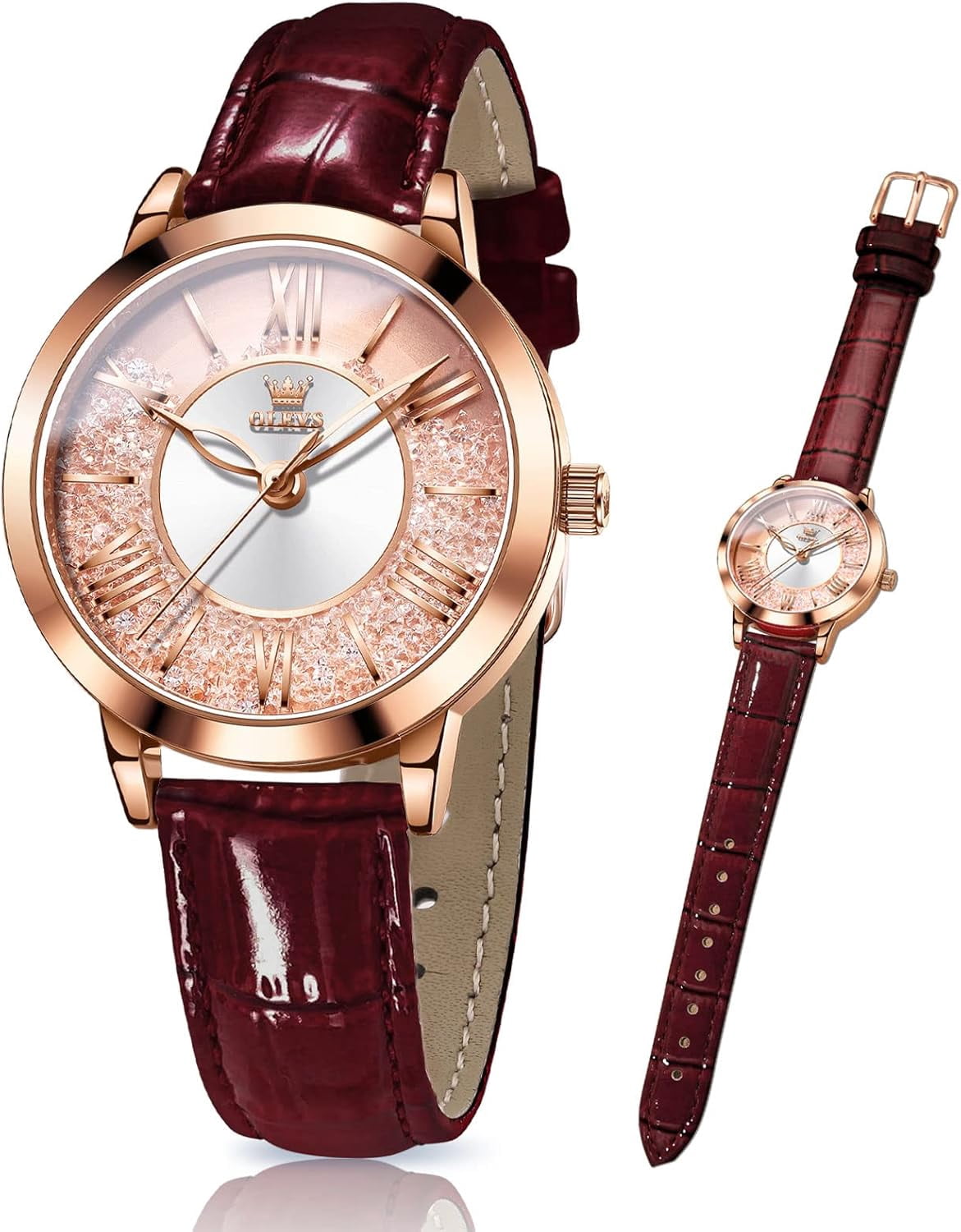 OLEVS Classic Leather Watches for Women, Business Dress Rhinestone ...