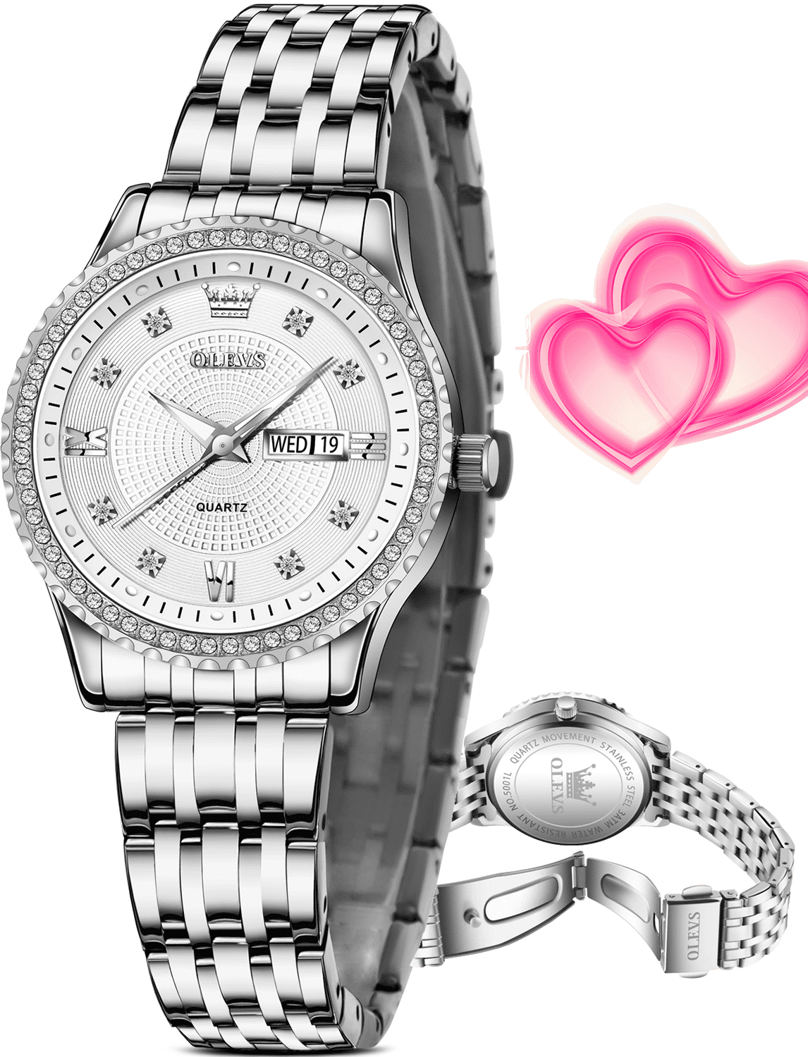 OLEVS Classic Sliver Watches For Women White Face Women Watches Diamond ...
