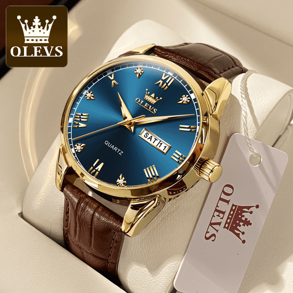 OLEVS Fashion Men's Watch Leather Strap Diamond Watch For Men Large ...