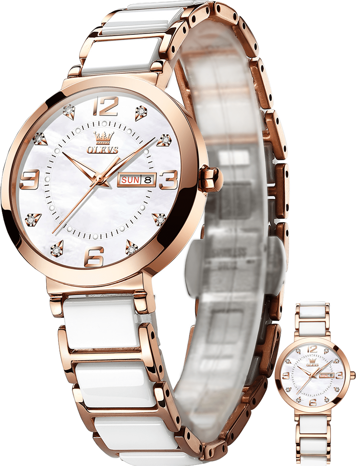 OLEVS Fashion Rose Gold Womens Watches Diamond Watches For Women White ...