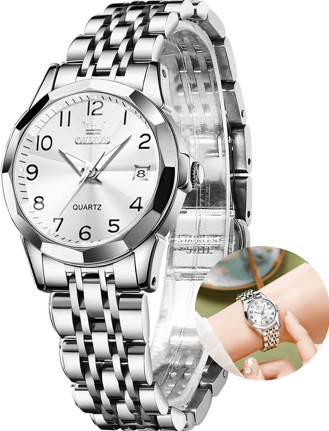 OLEVS Fashion White Dial Watches For Women Sliver Stainless Steel ...