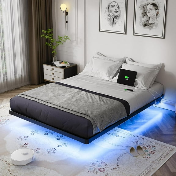 King Size Floating Bed Frame, Metal Platform, with LED Light and ...