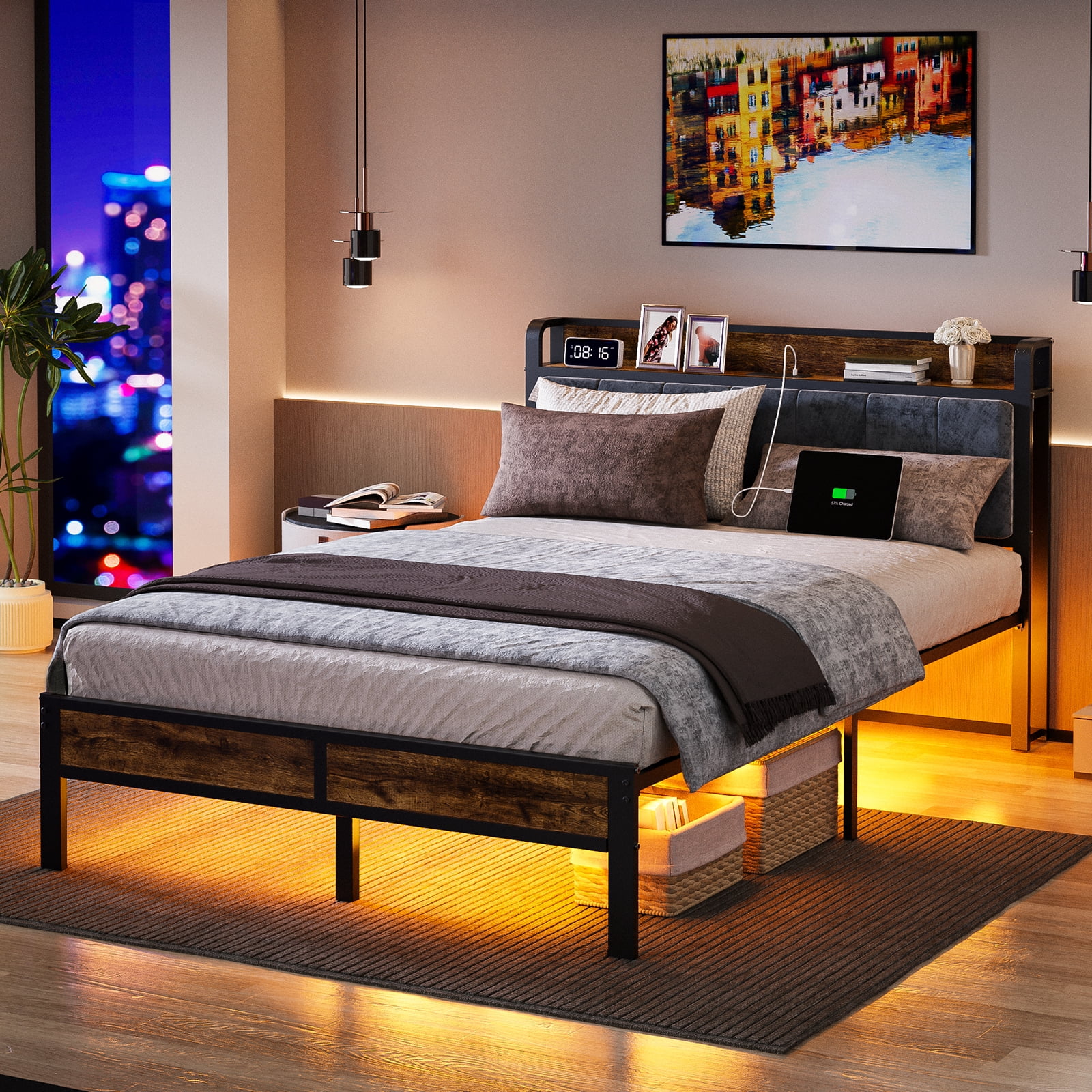 OLEVS Full Platform Bed Frame with Headboard, USB Charging Station and ...