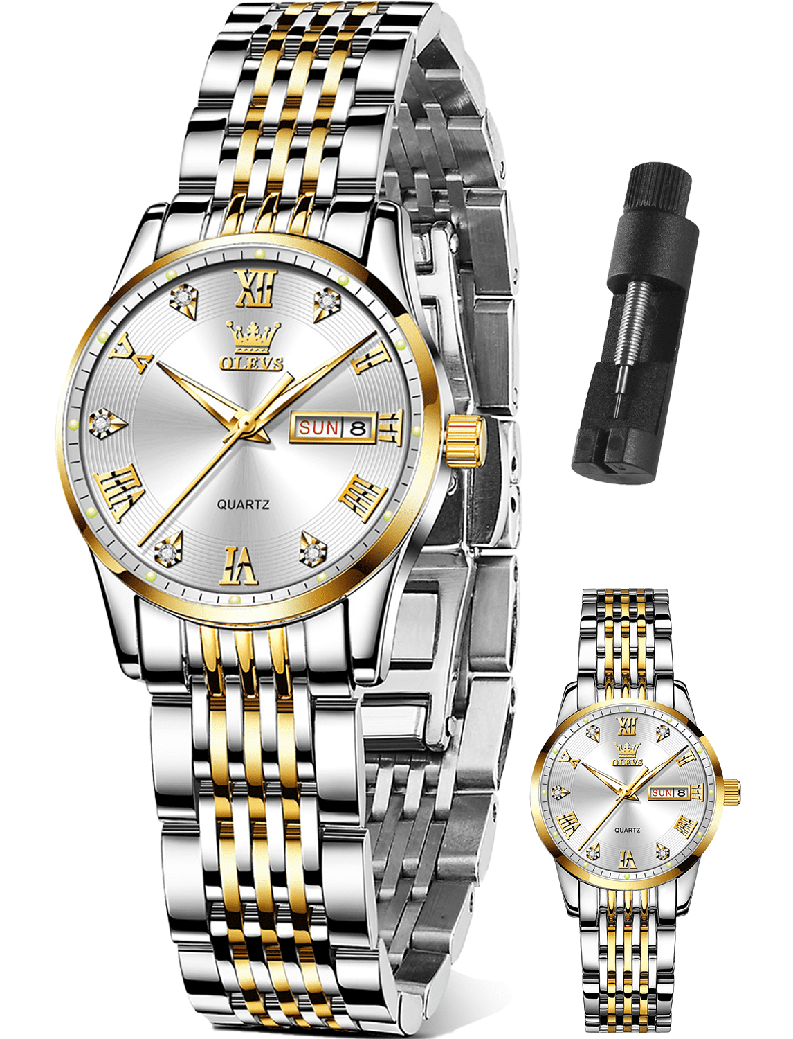 OLEVS Gold Sliver Watches For Women White Face Watches Stainless Steel ...