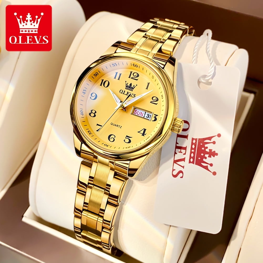 OLEVS Women's Gold Watch, Waterproof Quartz, Steel Strap, Date Display ...