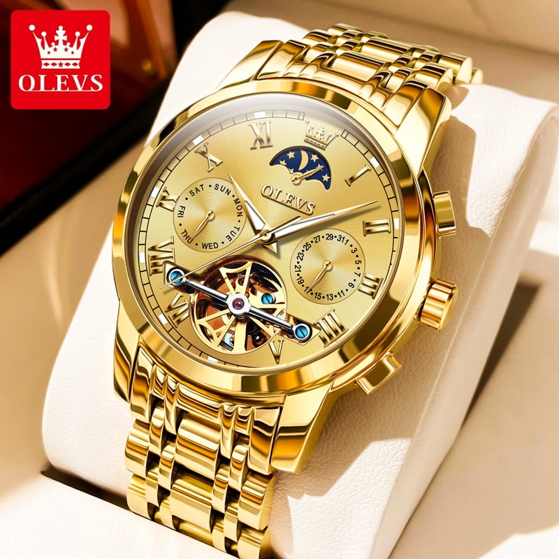 OLEVS Gold Watches for Men Self winding Mechanical Moon Phase Luxury ...
