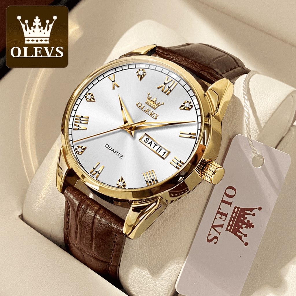 OLEVS Men's Leather Watches with Big Dial, Brown Band, Analog Quartz ...
