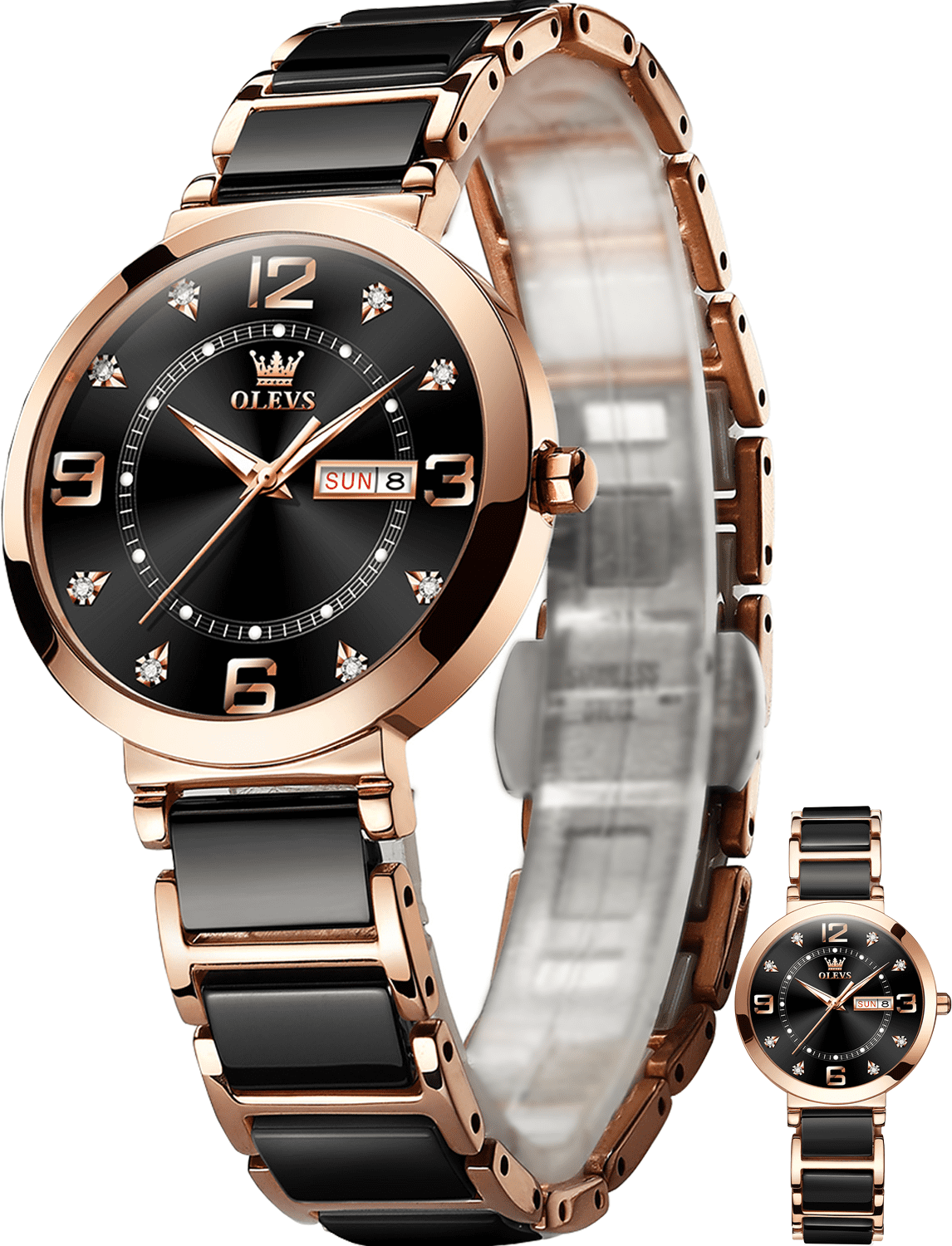 OLEVS Luxury Gold Rose Watches For Women Classic Black Dial Watches ...