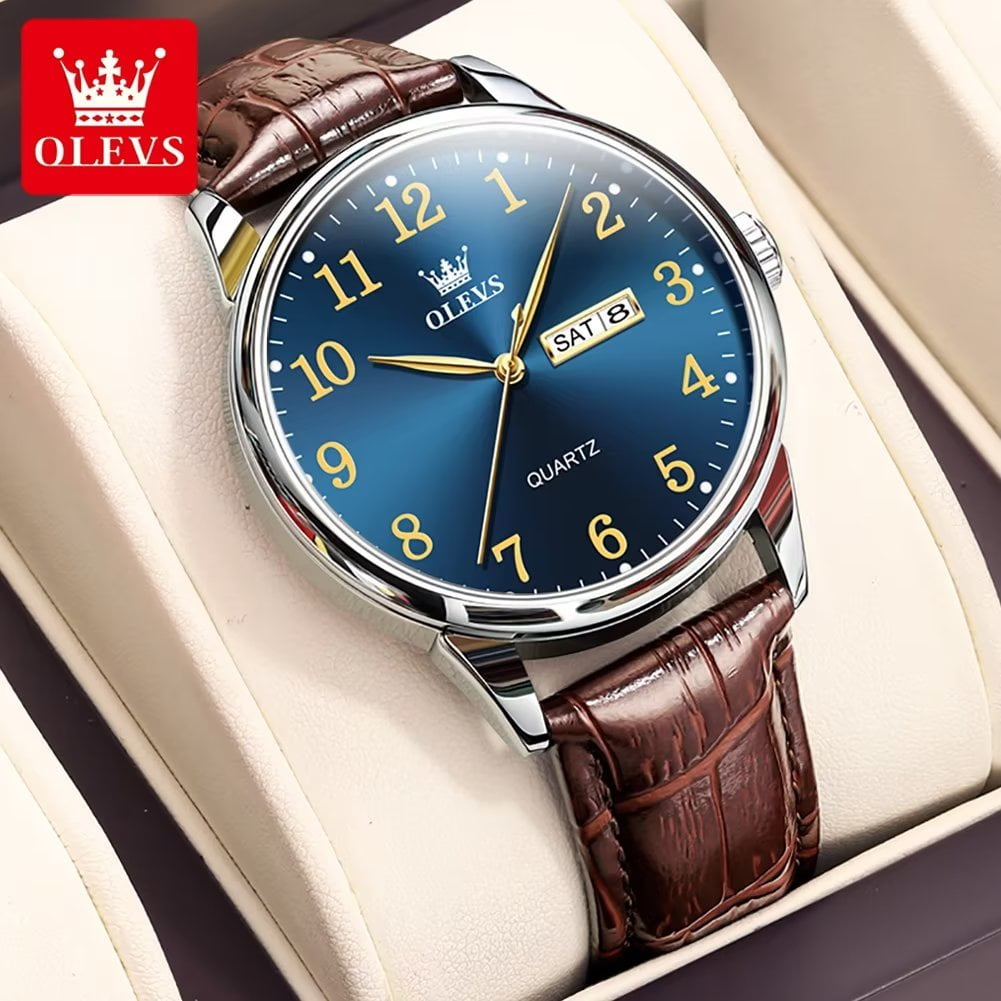 OLEVS Luxury White Face Watches For Men Fashion Brown Leather Strap ...