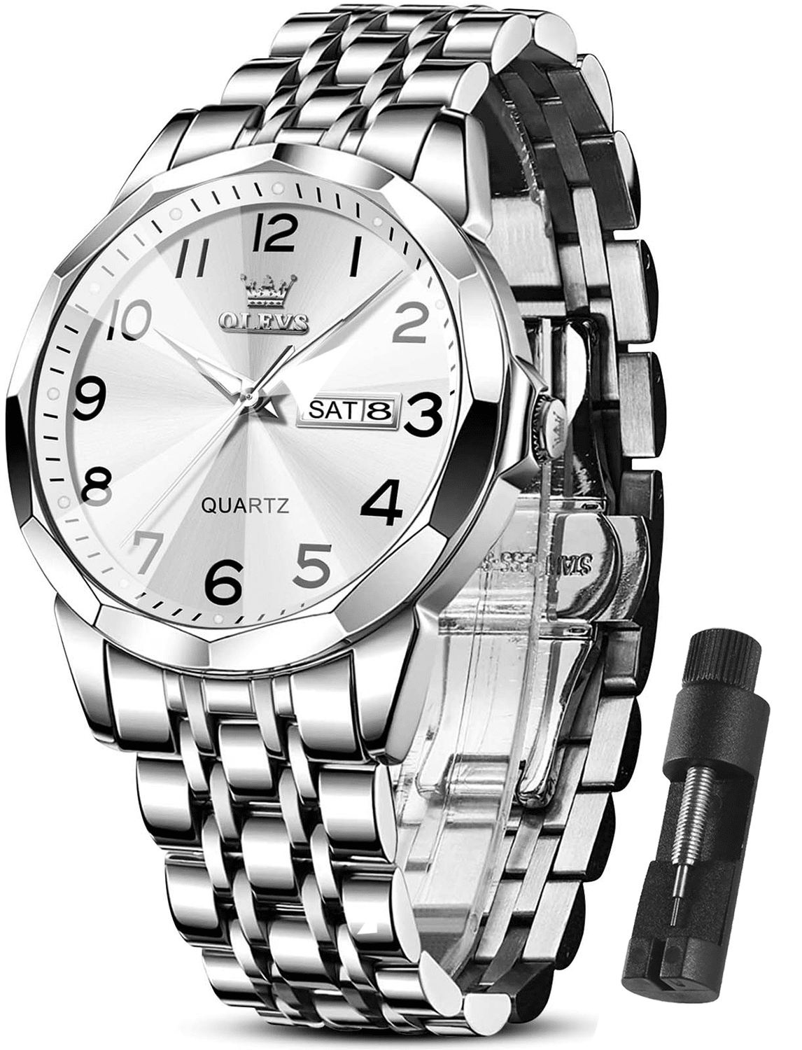 OLEVS Men's Luxury Silver Stainless Steel Strap Watch, Large Face ...
