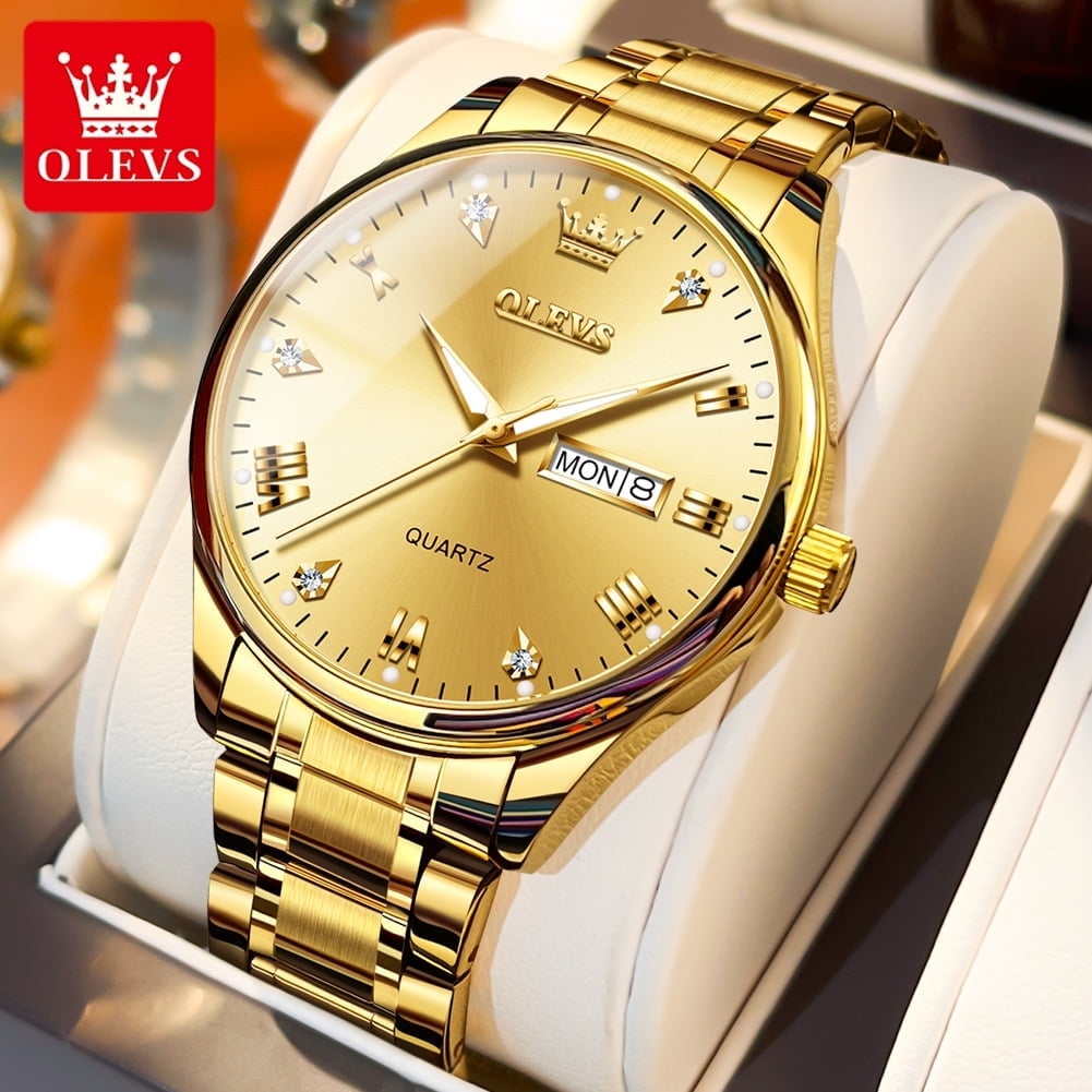OLEVS Men's Gold Day-Date Watch, Waterproof Luminous Analog Quartz ...