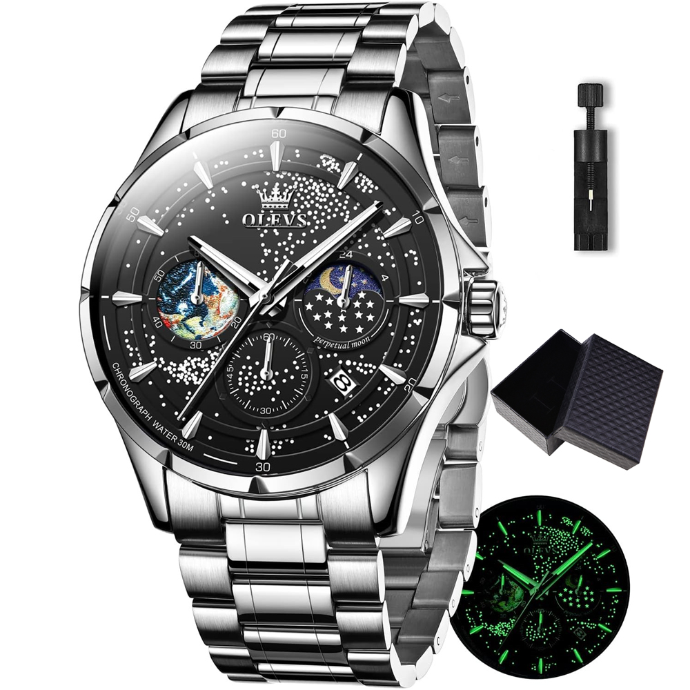Olevs Men's Watches Starry Sky Moon Phase Dial Luxury Business Quartz ...