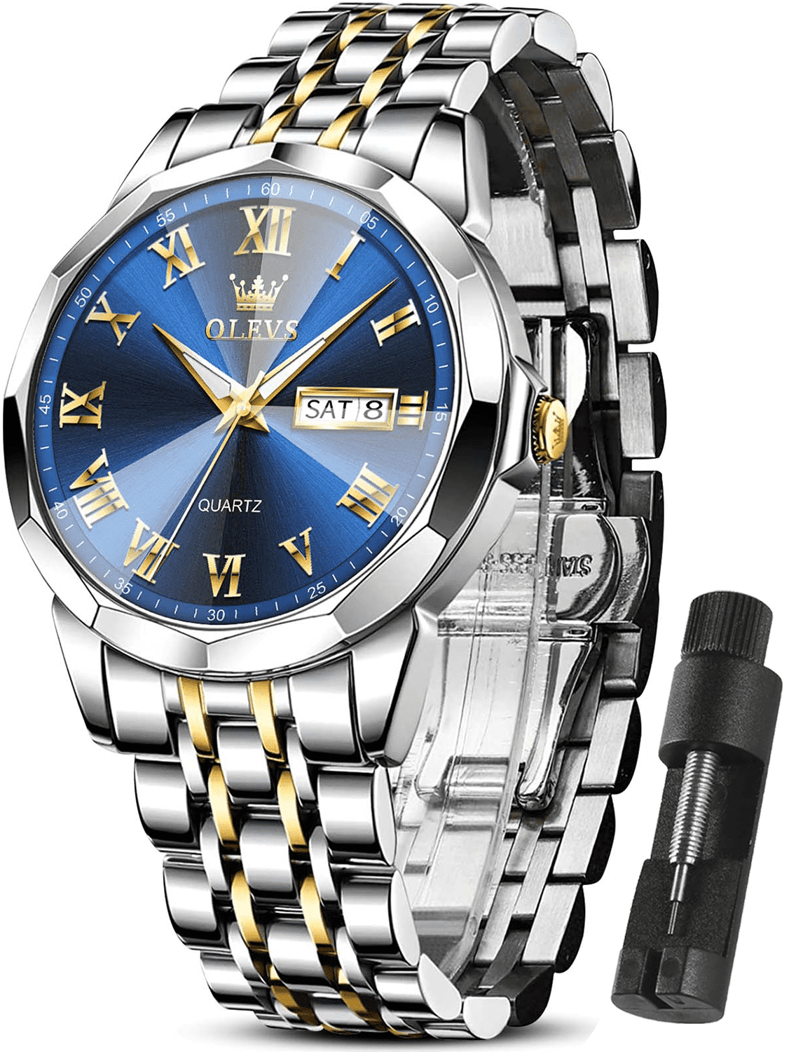 OLEVS Mens Stainless Steel Watch Classic Quartz Watches For Men Gold ...