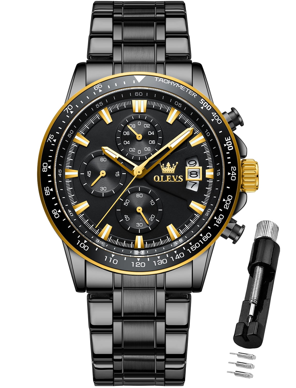 OLEVS Men's Chronograph Stainless Steel Watch, Black Dial, Large Face ...