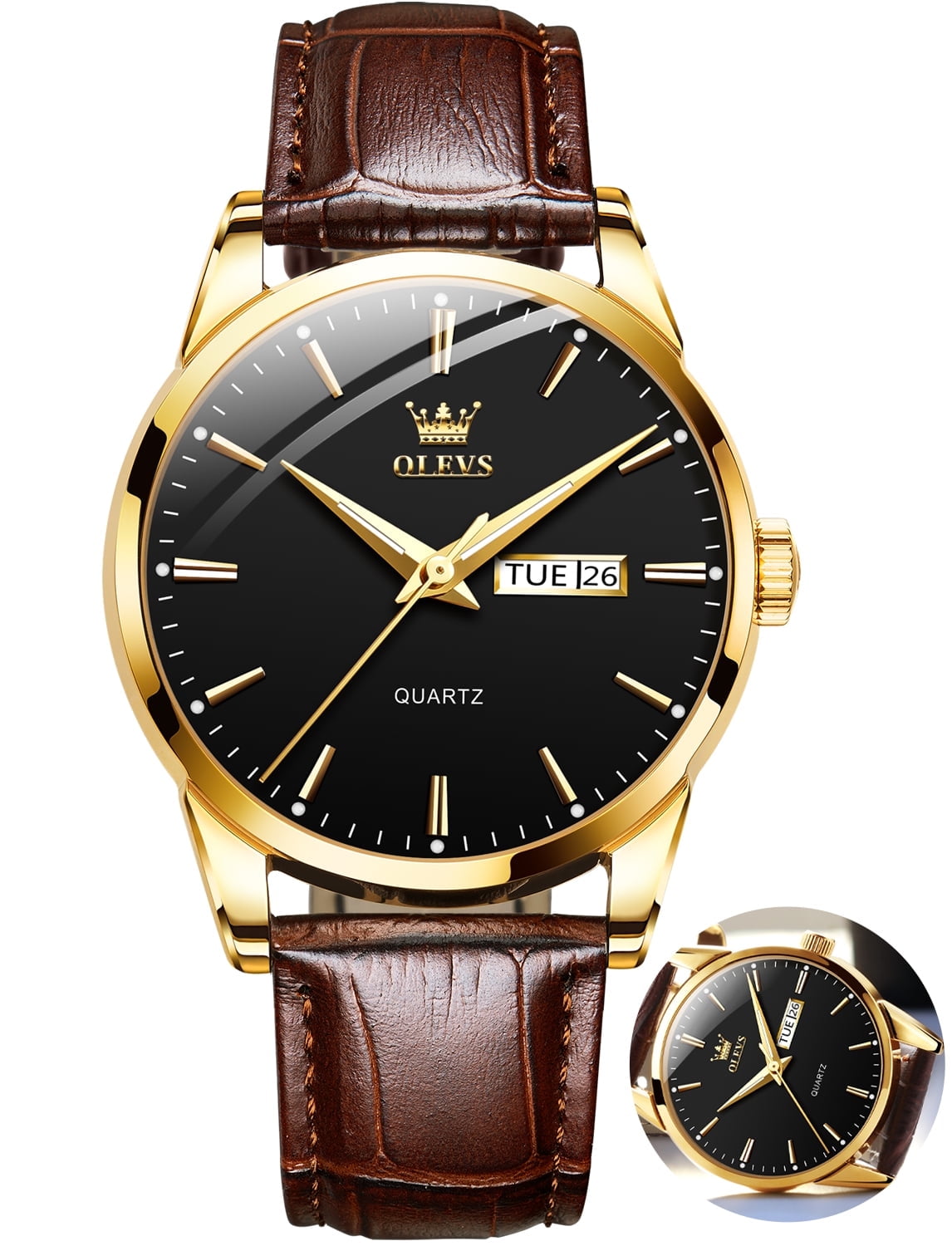 OLEVS Mens Brown Leather Wrist Watch, Gold Plated Case, Analog Quartz ...