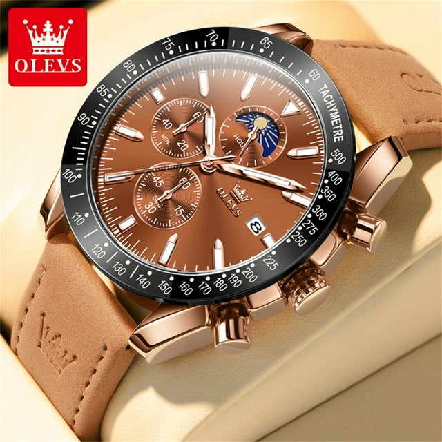 OLEVS Mens Watches Fashion Sport Design Chronograph Leather Strap ...