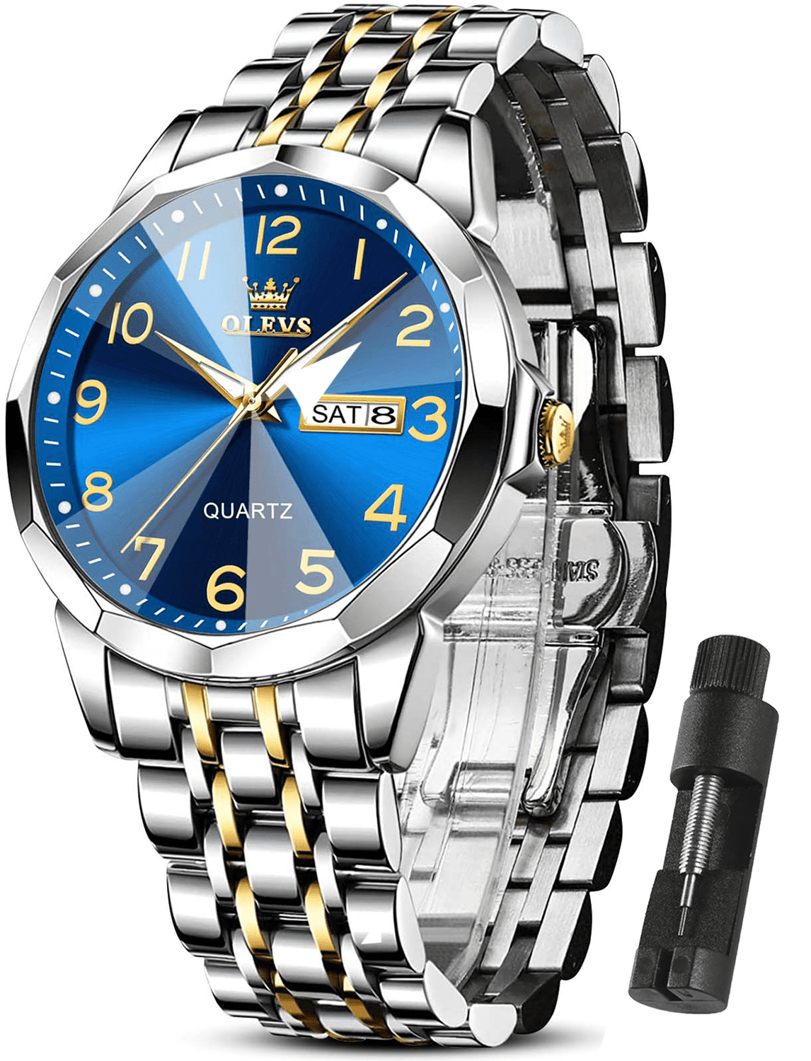 OLEVS Mens Watches Gold Sliver Stainless Steel Watch Blue Face Watches ...