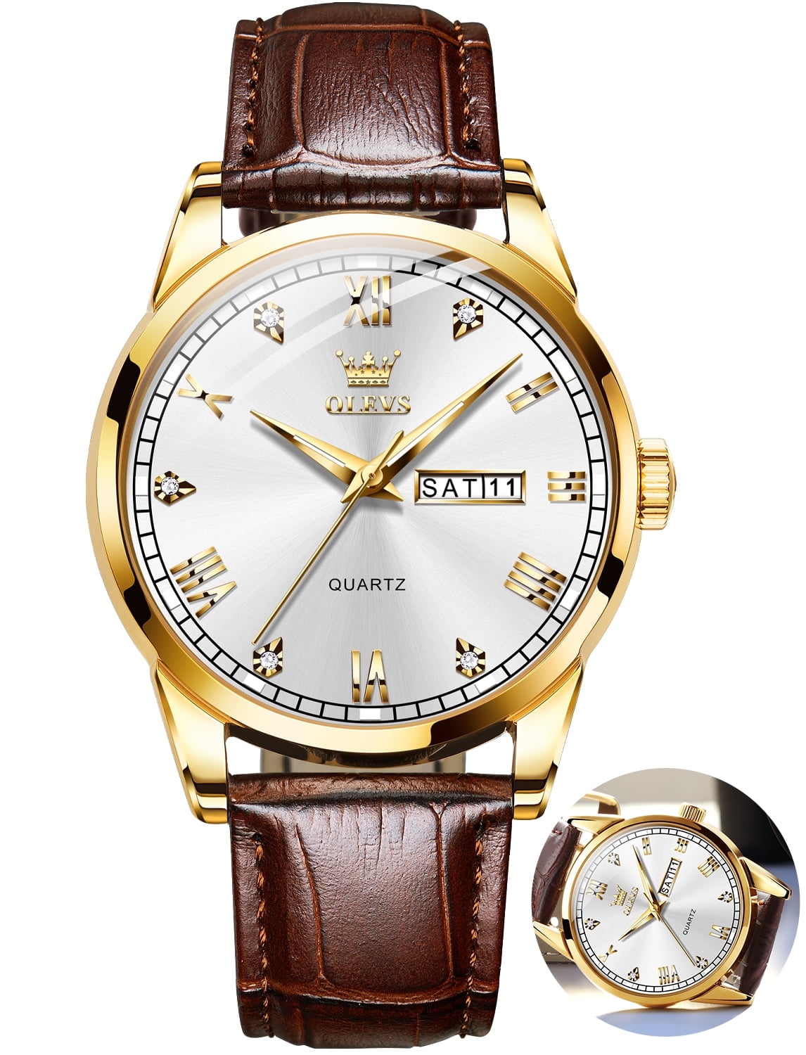 OLEVS Mens Watches,Leather Watch for Men,Gold Plated Case Analog Quartz ...