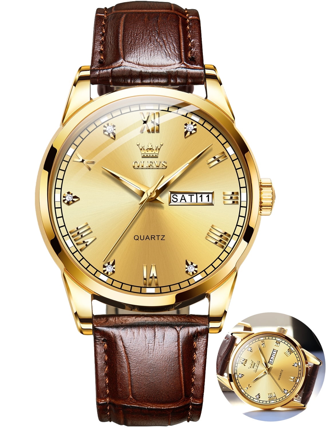 OLEVS Mens Watches,Leather Watch for Men,Gold Plated Case Analog Quartz ...