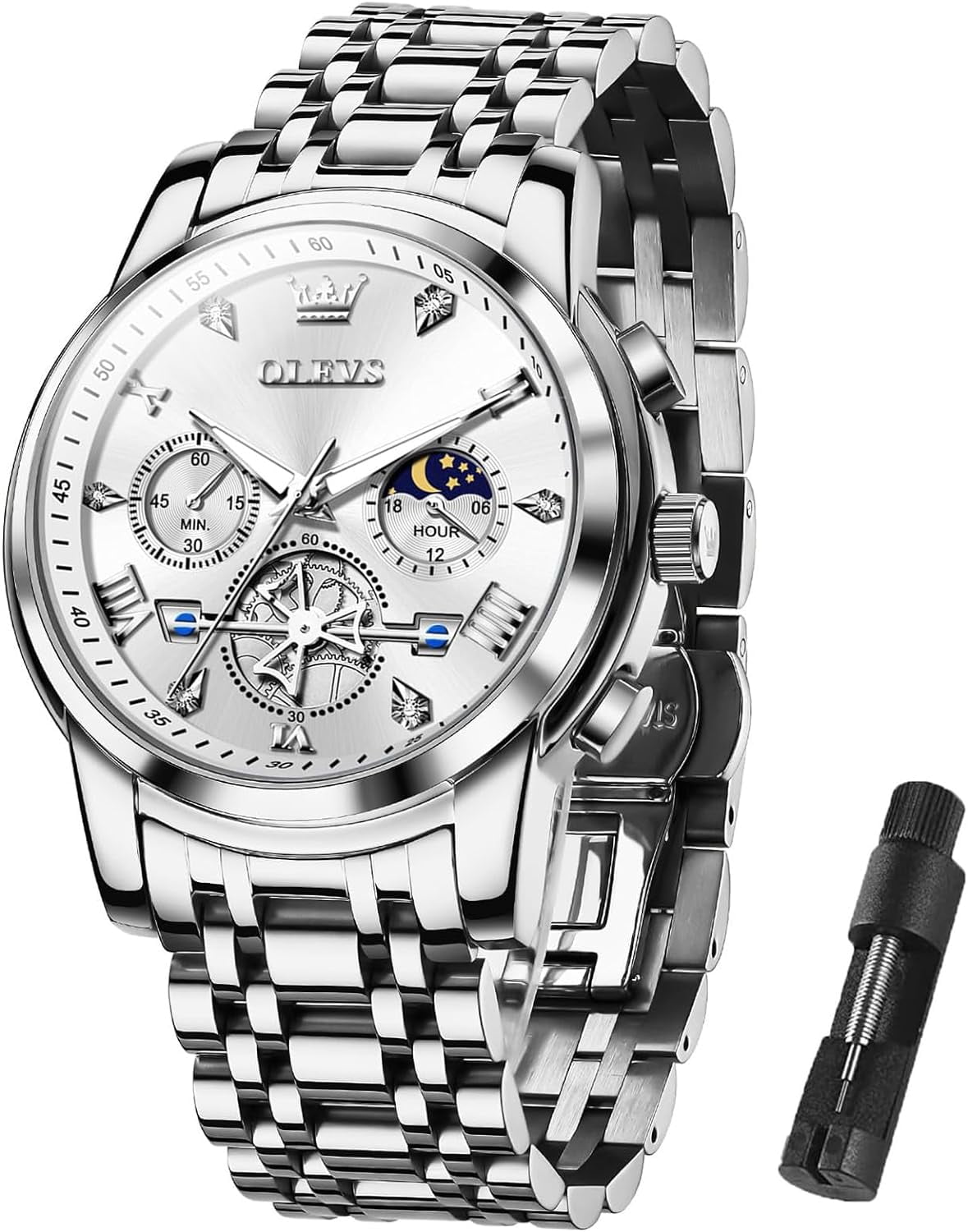 OLEVS Mens Watches Luxury Business Stainless Steel Chronograph Moon ...