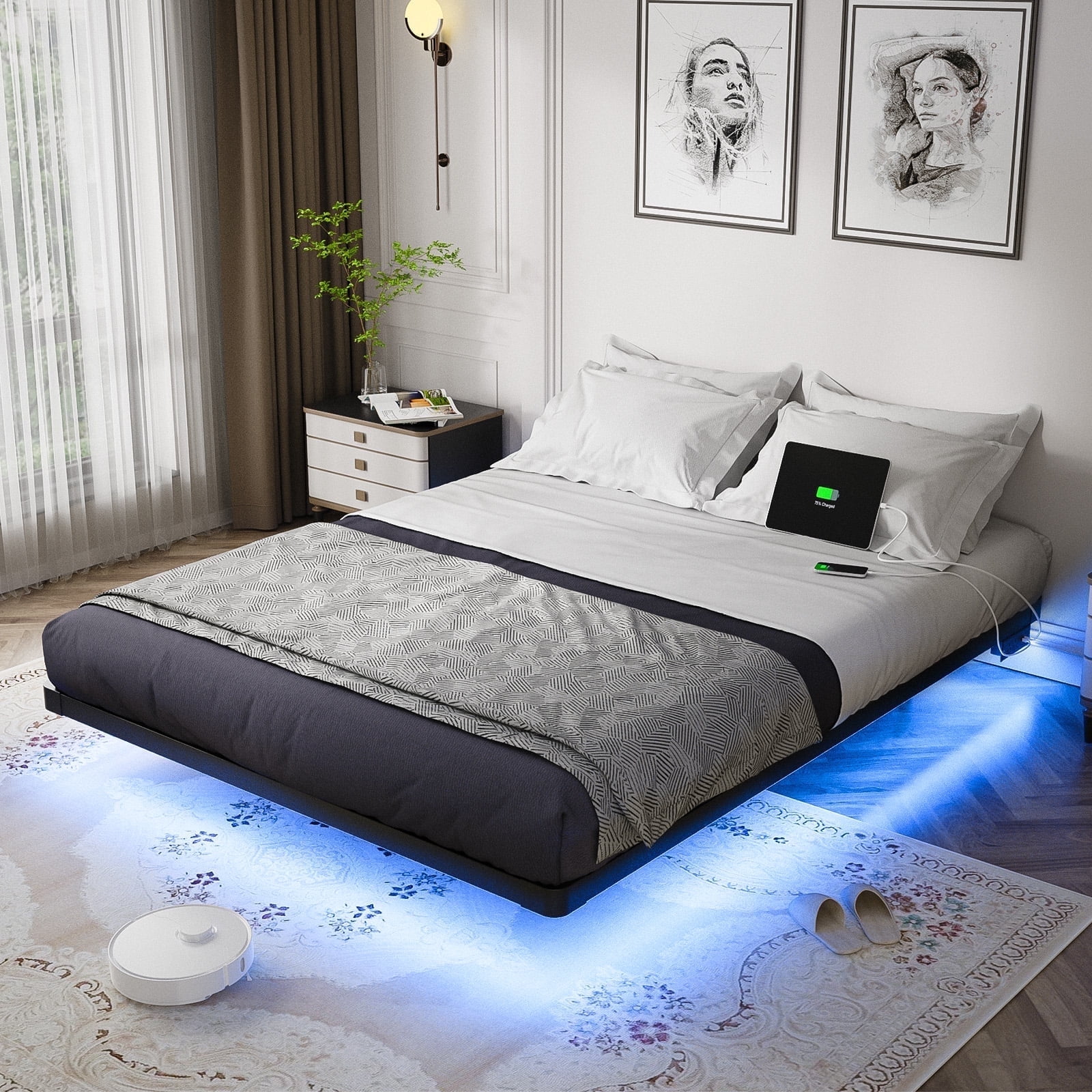 OLEVS Floating Queen Bed Frame with LED Lights and Convenient Charging ...