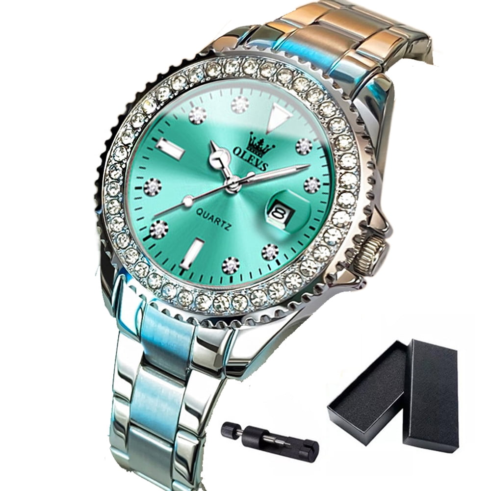 OLEVS Quartz Ladies Sky Blue Watch Luxury Elegant Diamonds Steel Strip ...